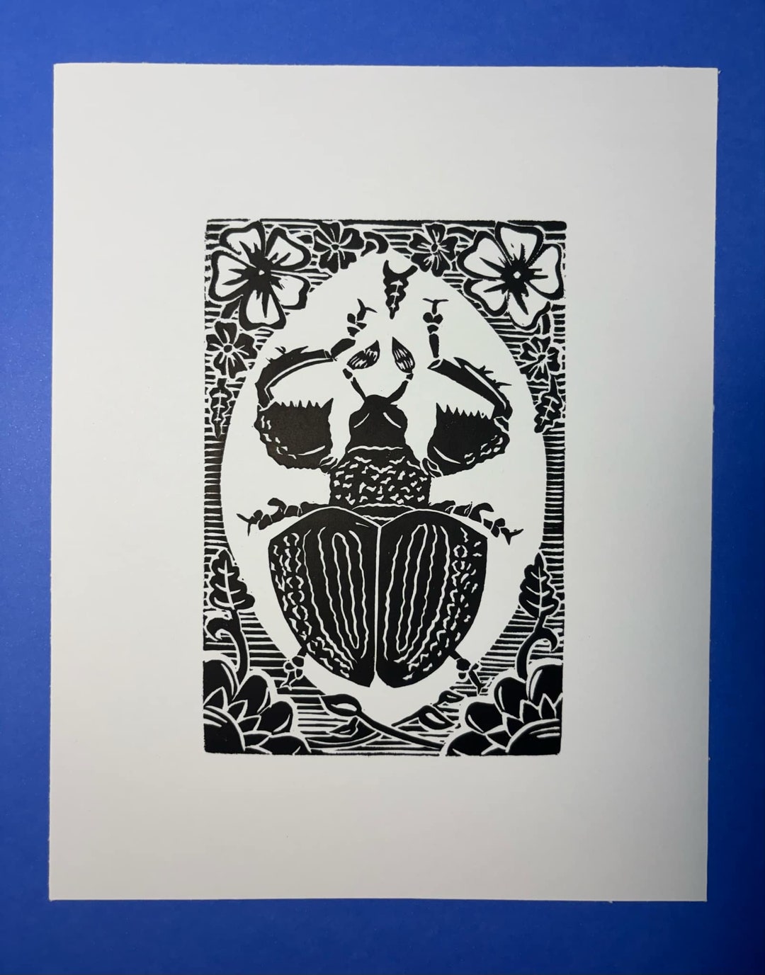 Beetle With Flowers 1 Handprinted Linocut - Etsy
