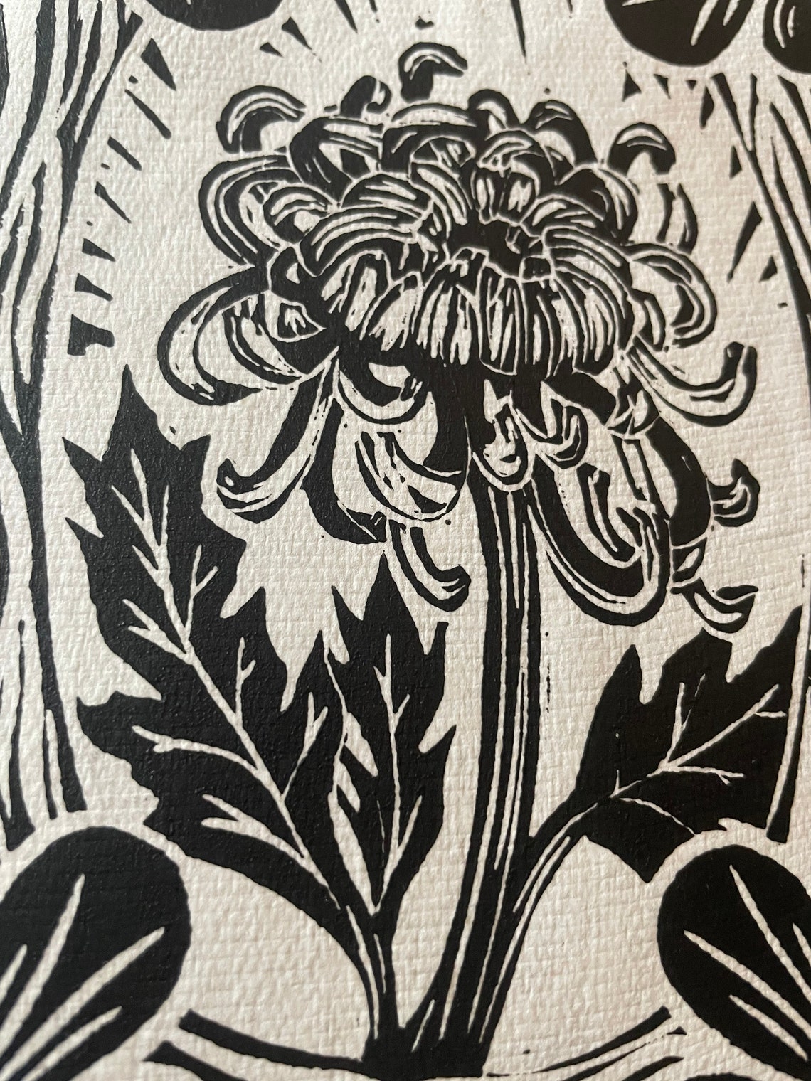 Floral Flower Botanical Linocut Print Handprinted on Natural Homemade ...