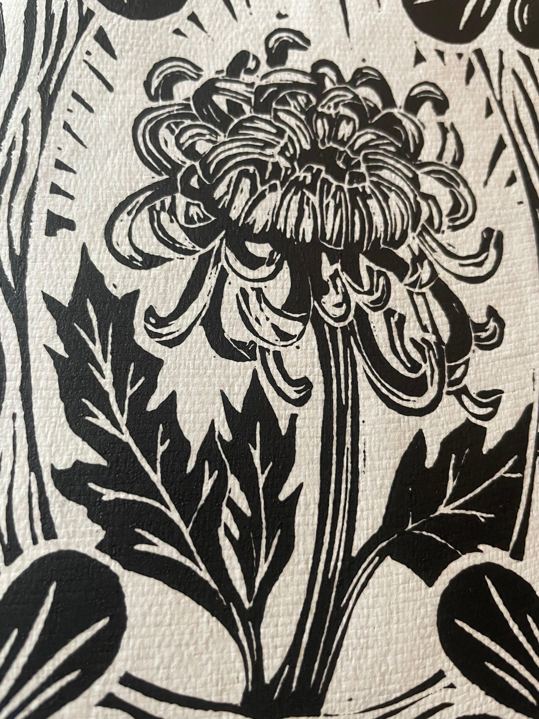 Floral Flower Botanical Linocut Print Handprinted on Natural Homemade ...