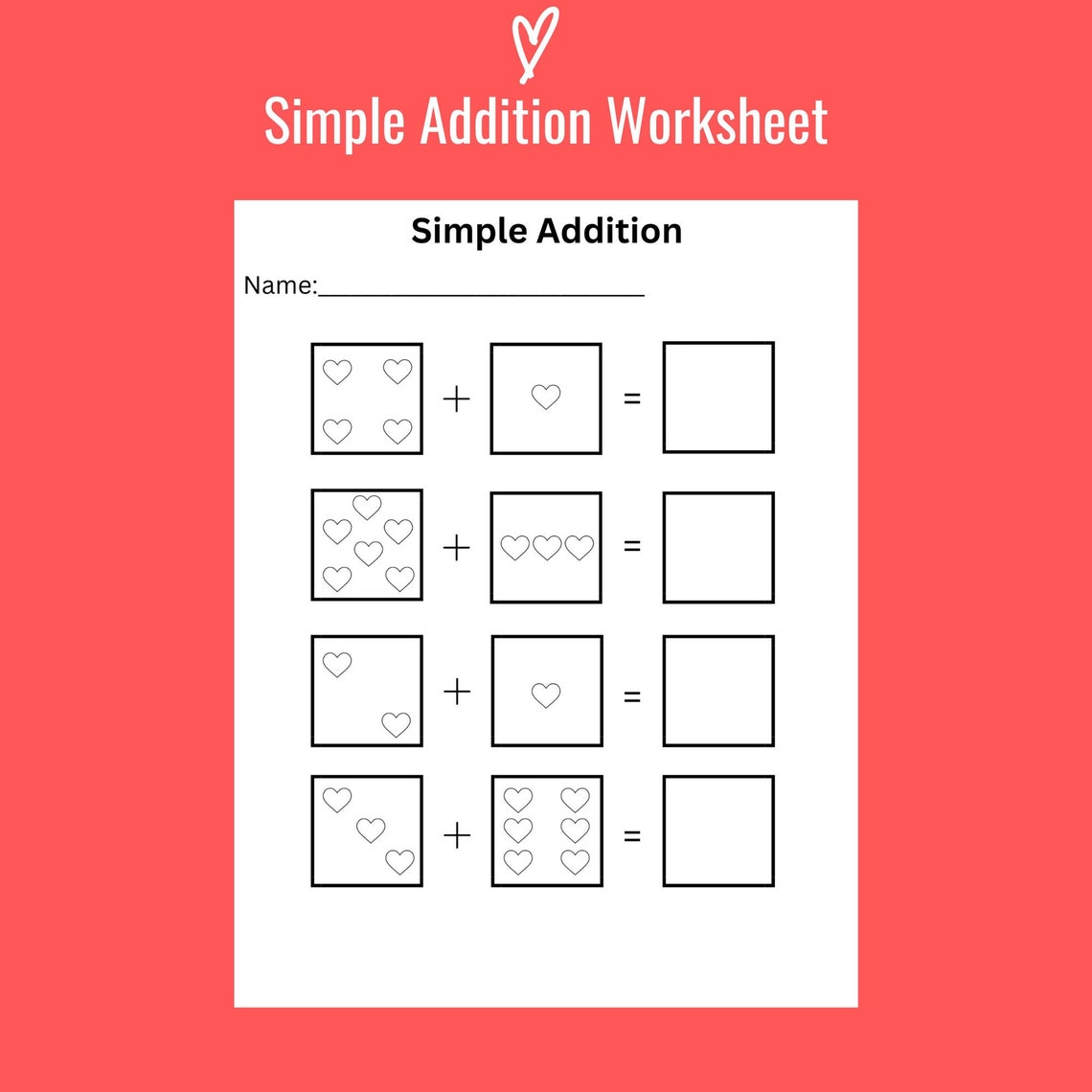 Valentine's Day Addition, Simple Addition Worksheet, Kindergarten ...