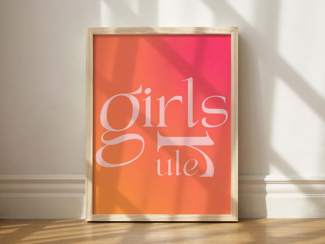 Girls Rule Print, 90s Aesthetic Prink, Pink and Orange Art, Lettering ...