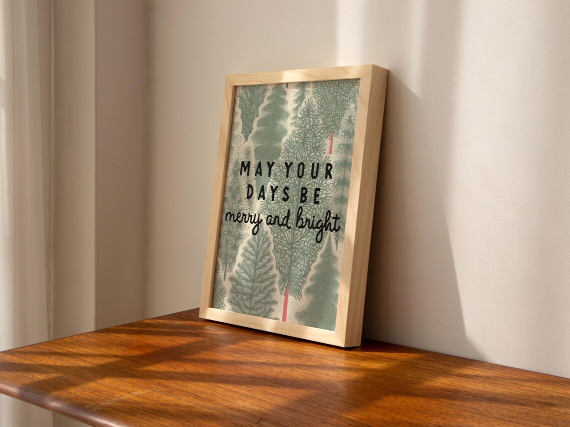 Christmas Tree Print, Merry and Bright, Green and Red Christmas ...