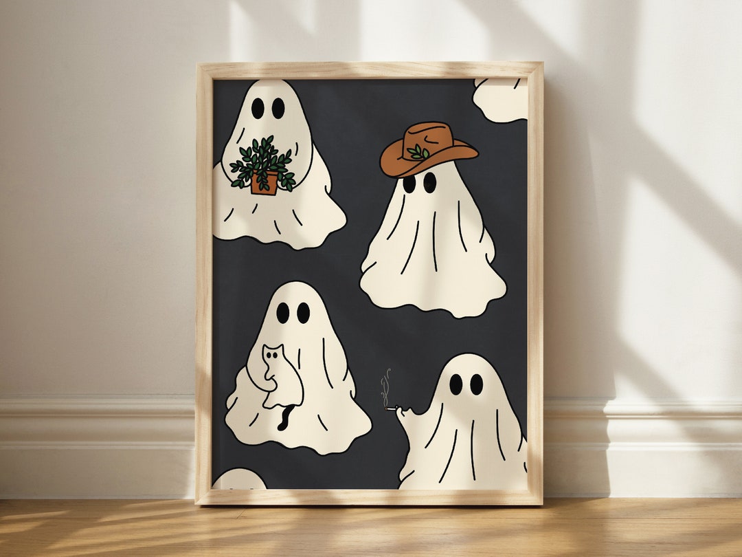Multi Ghosts on Black Print, Cowboy Hat Ghost Print, Ghost Lover Decor ...