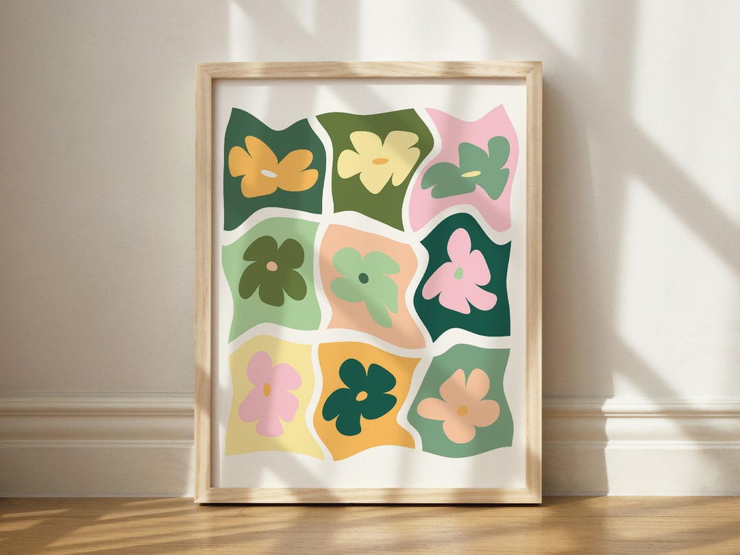 Retro Melted Daisies Print, Trippy Girl Room Decor, Dorm Print, Green ...