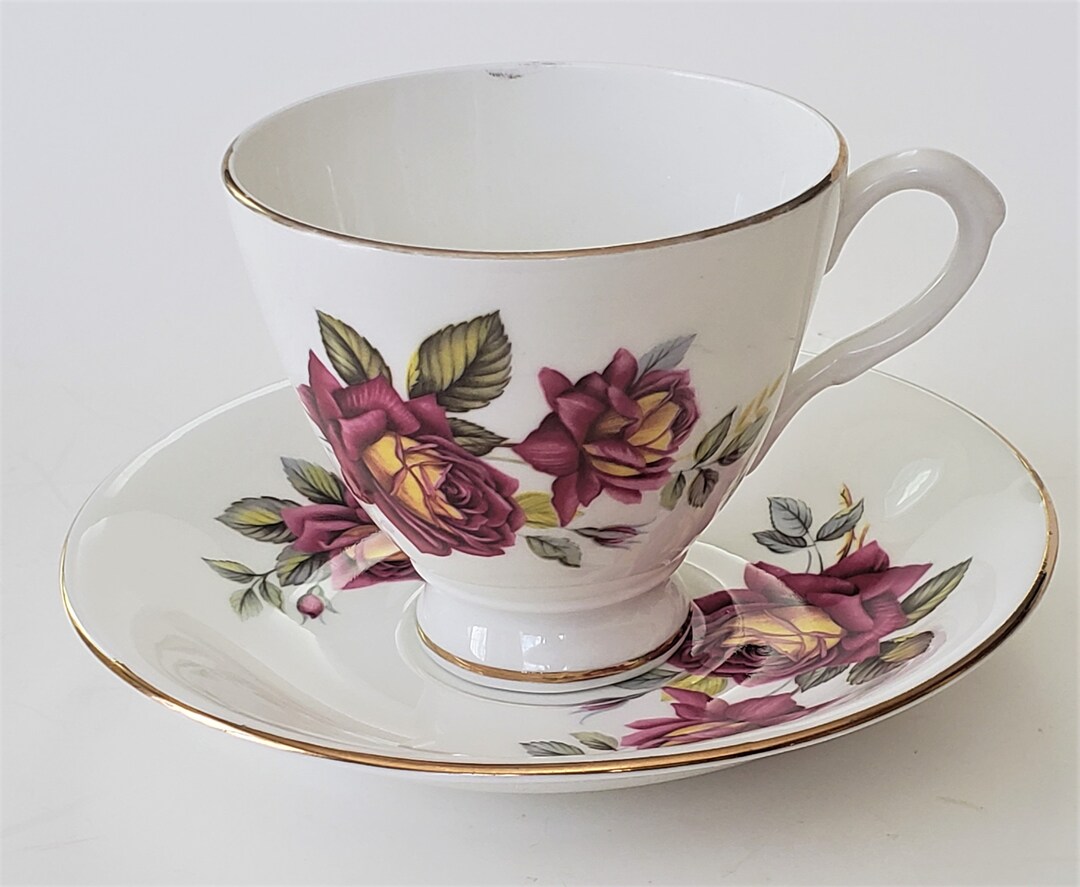 Lovely Tea Cup and Saucer - Deep Pink Roses With Yellow Highlighting - Etsy