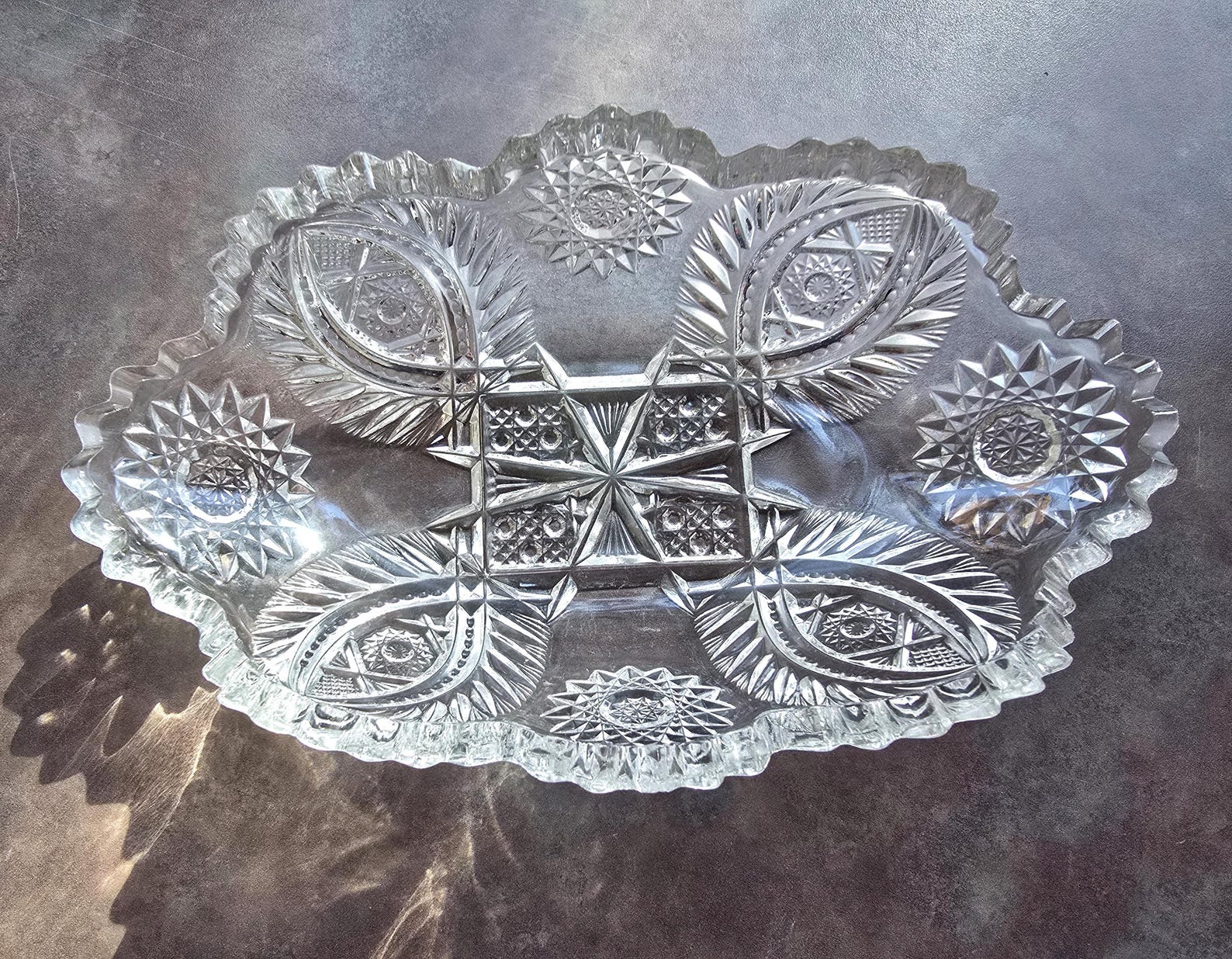 Cut Glass Oval Dish, Sawtooth Scalloped Edge - Candy Dish, Relish Dish ...