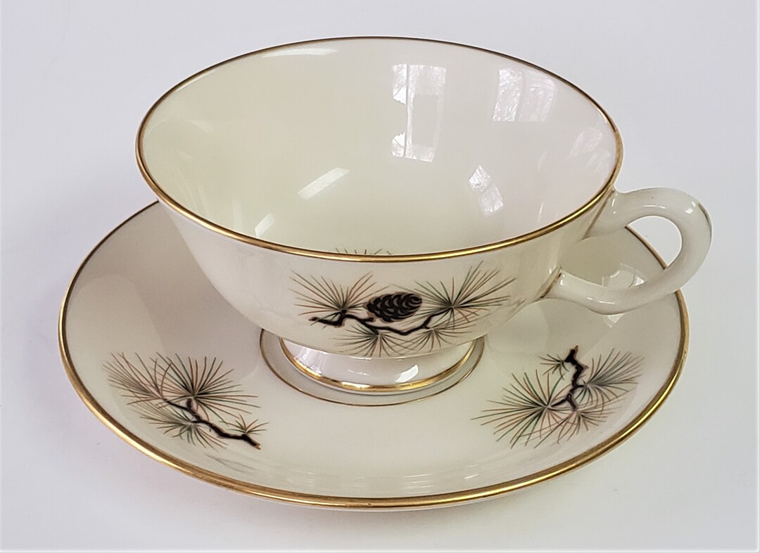 Lenox Tea Cup and Saucer - Pine Pattern - Pine Cones, Gold - Etsy
