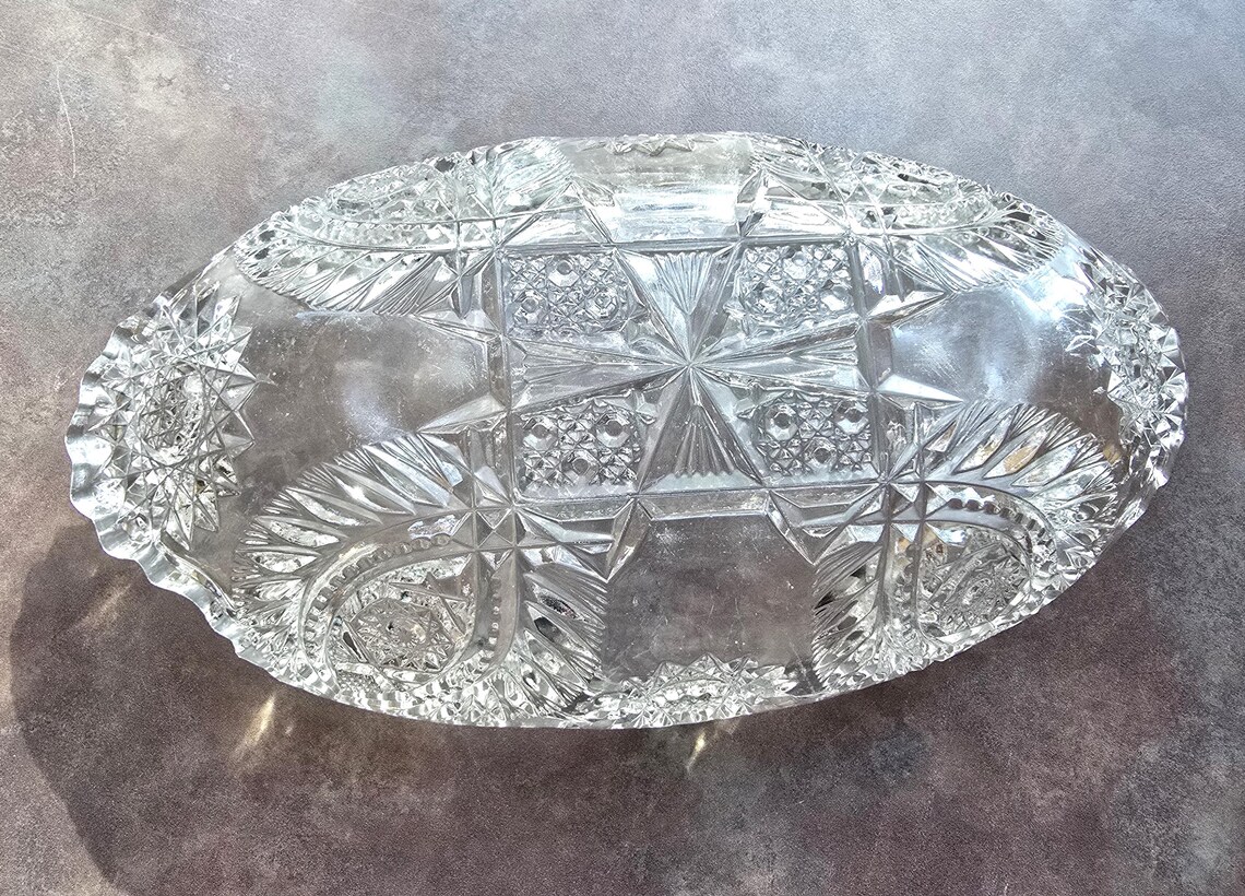 Cut Glass Oval Dish, Sawtooth Scalloped Edge - Candy Dish, Relish Dish ...