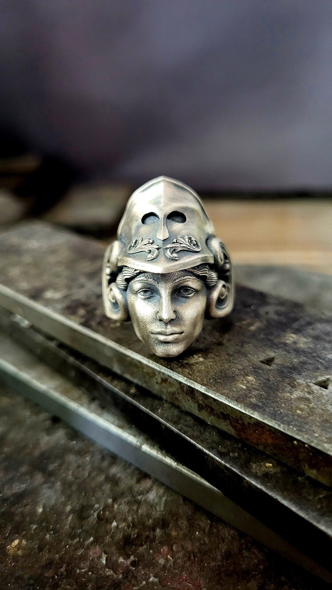 Silver Athena Goddess Ring, 925k Sterling Oxidized Silver Men's Ring ...