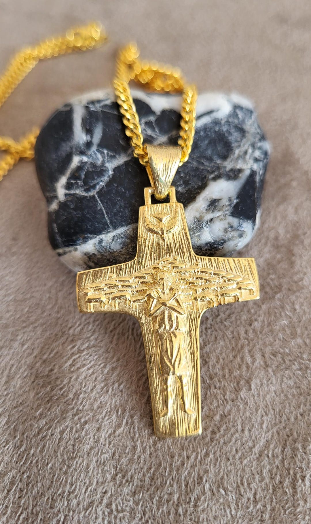 Gold Papa Cross Pendant, 10k 14k 18k Solid Gold Men's Necklace, Cruz Do ...