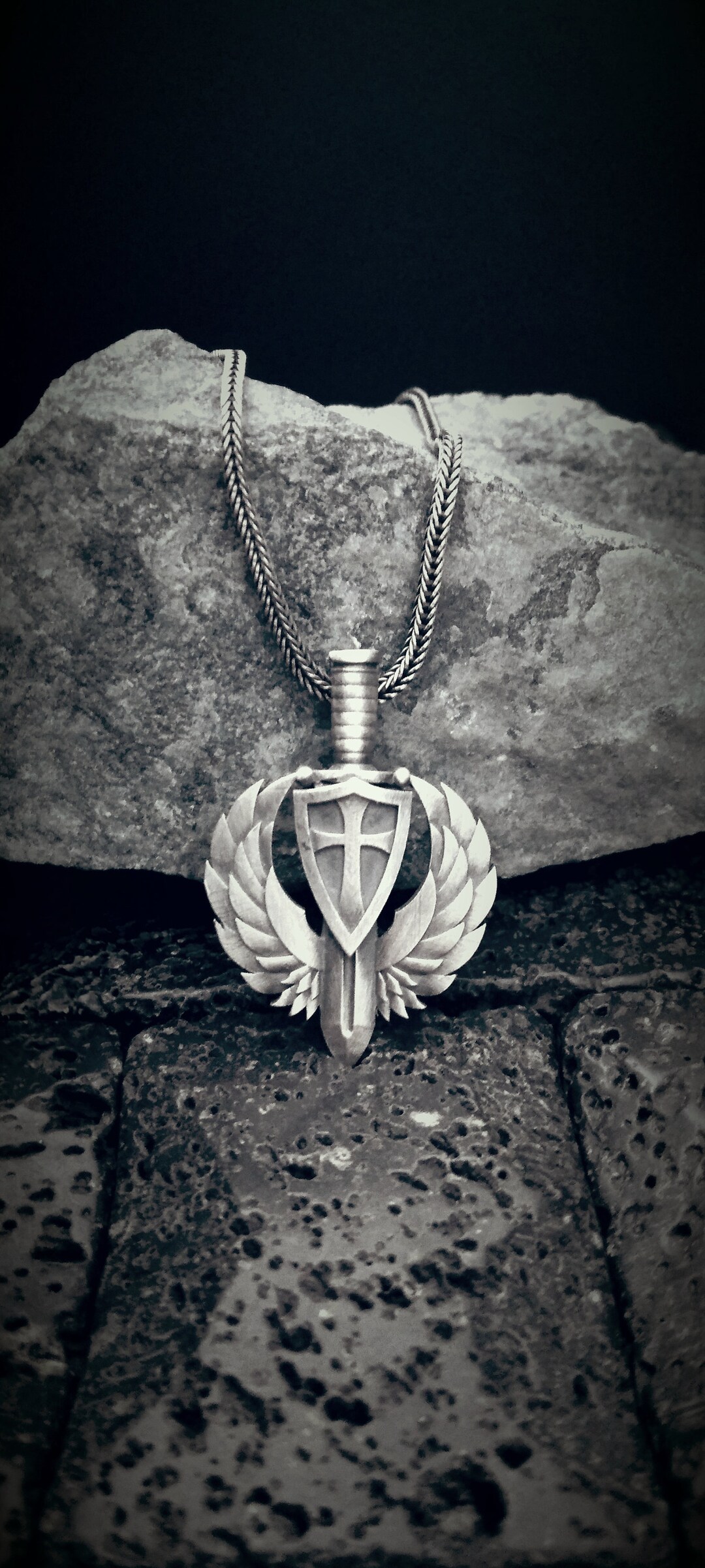 Shield Sword and Angel Wings Silver Pendant 925k Custom Mens - Etsy