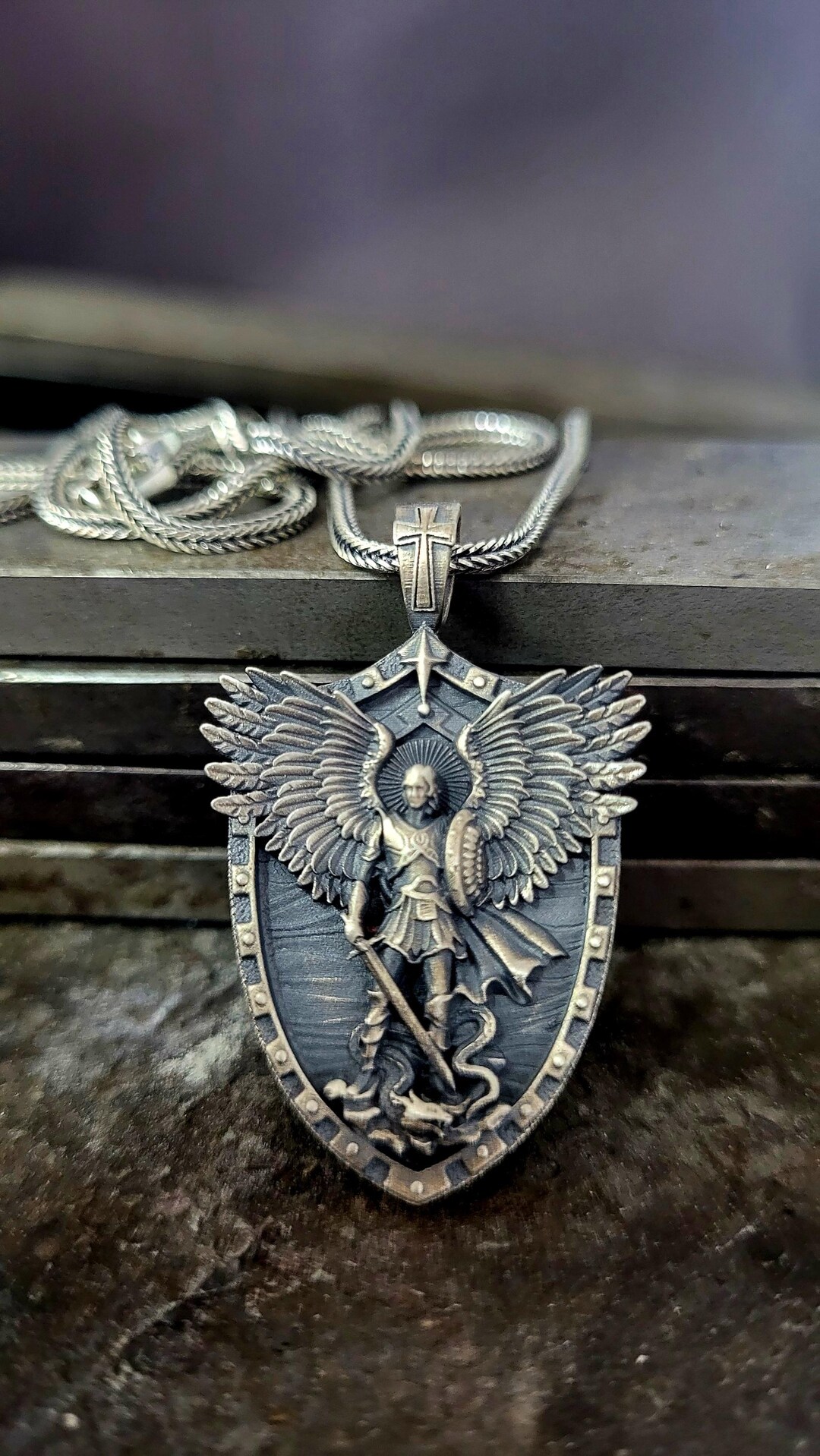 925 Sterling Silver Archangel Michael & Dragon Shield Pendant - Etsy