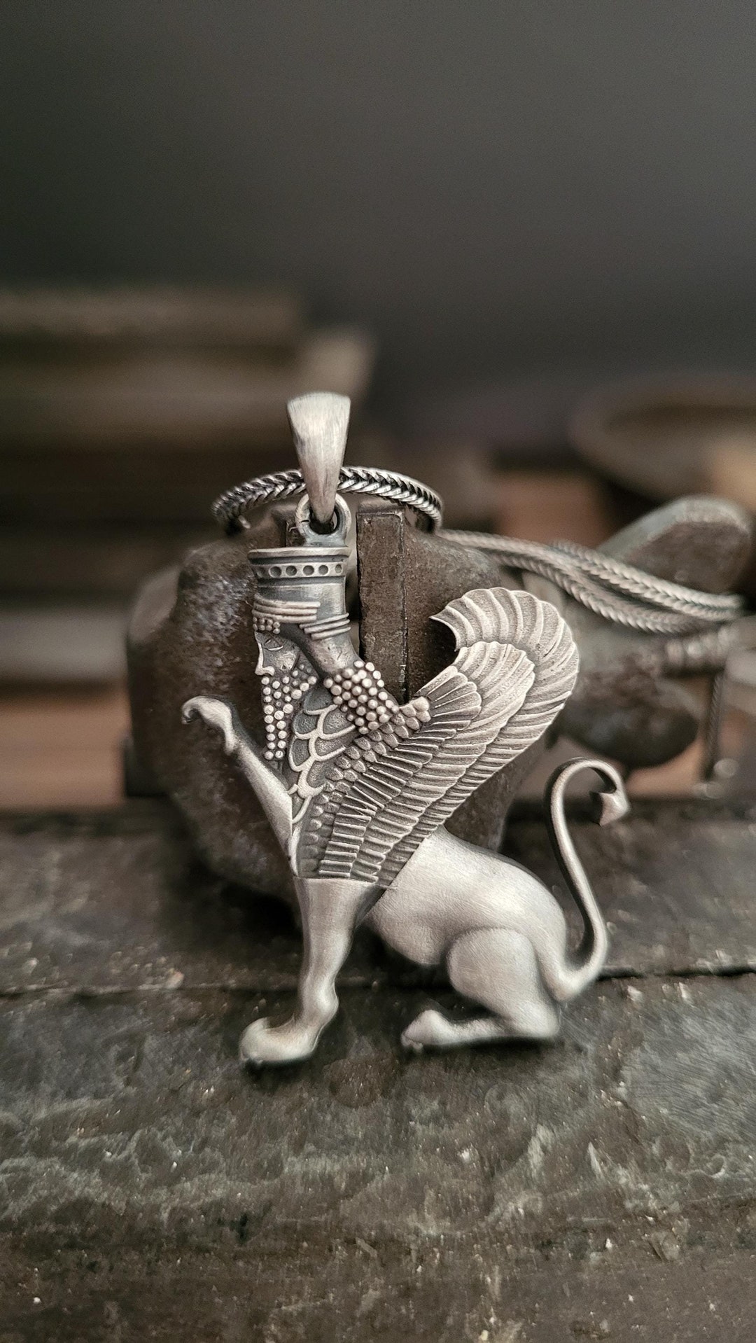 Assyrian Persian Winged Sphinx Necklace, the Goddess Lama Pendant, Lion ...