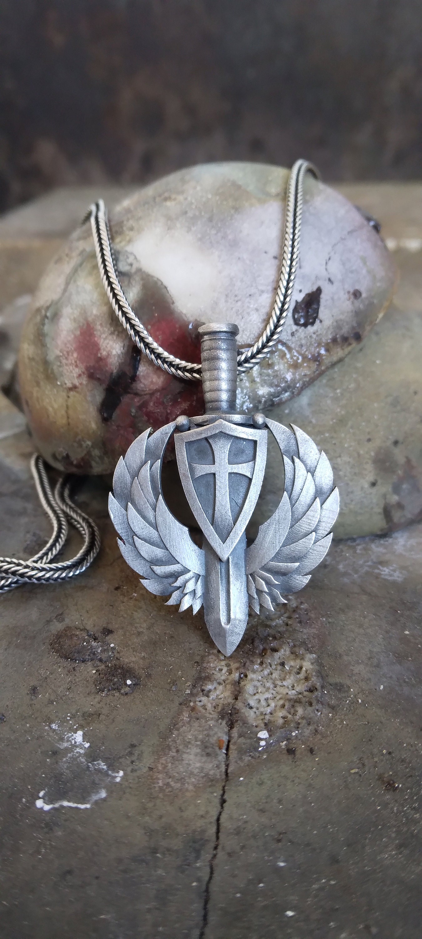 Shield Sword and Angel Wings Silver Pendant, 925k Custom Mens Jewelry ...