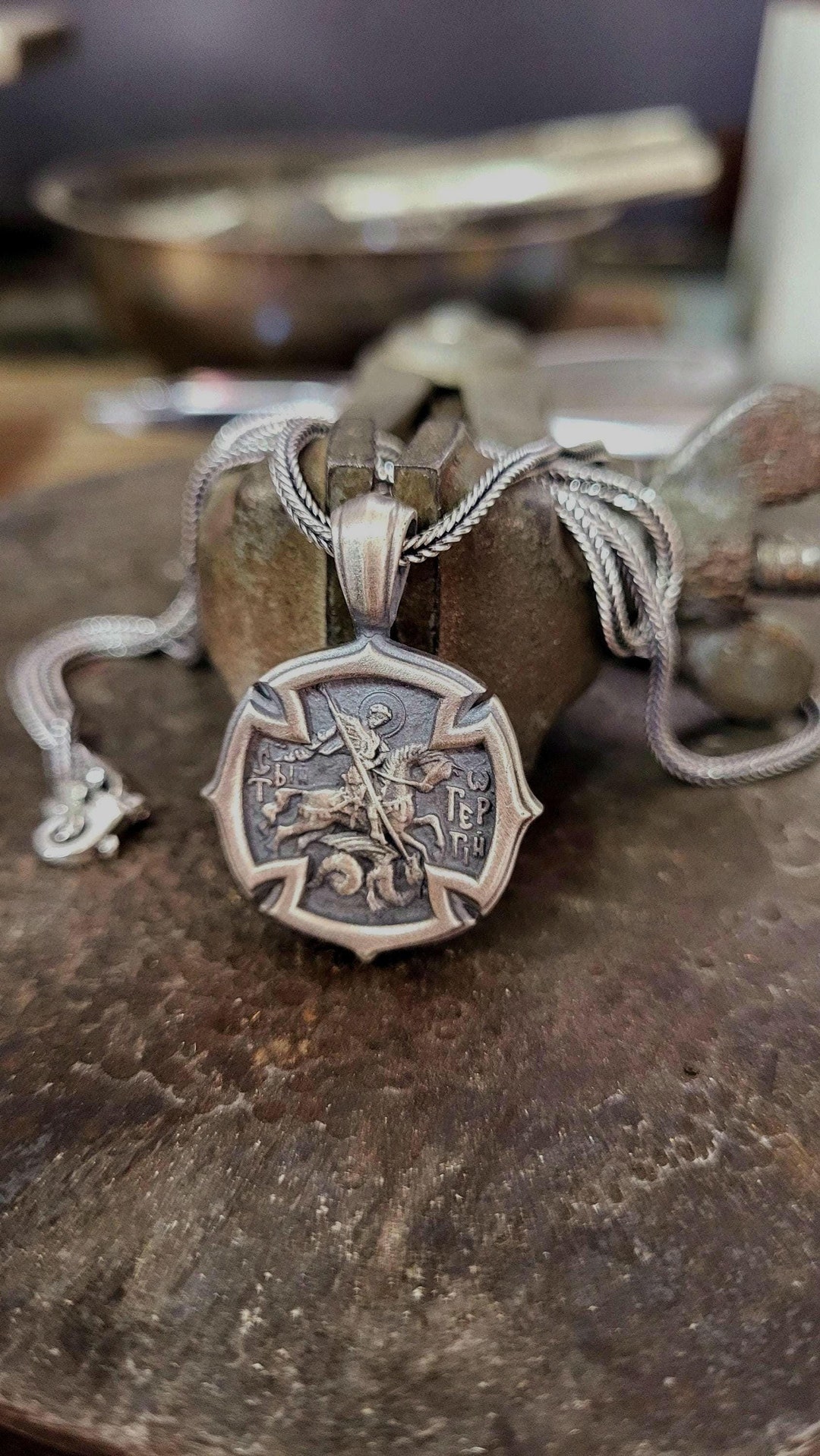 St George and Jesus Christ Orthodox Amulet Cross Silver Necklace ...