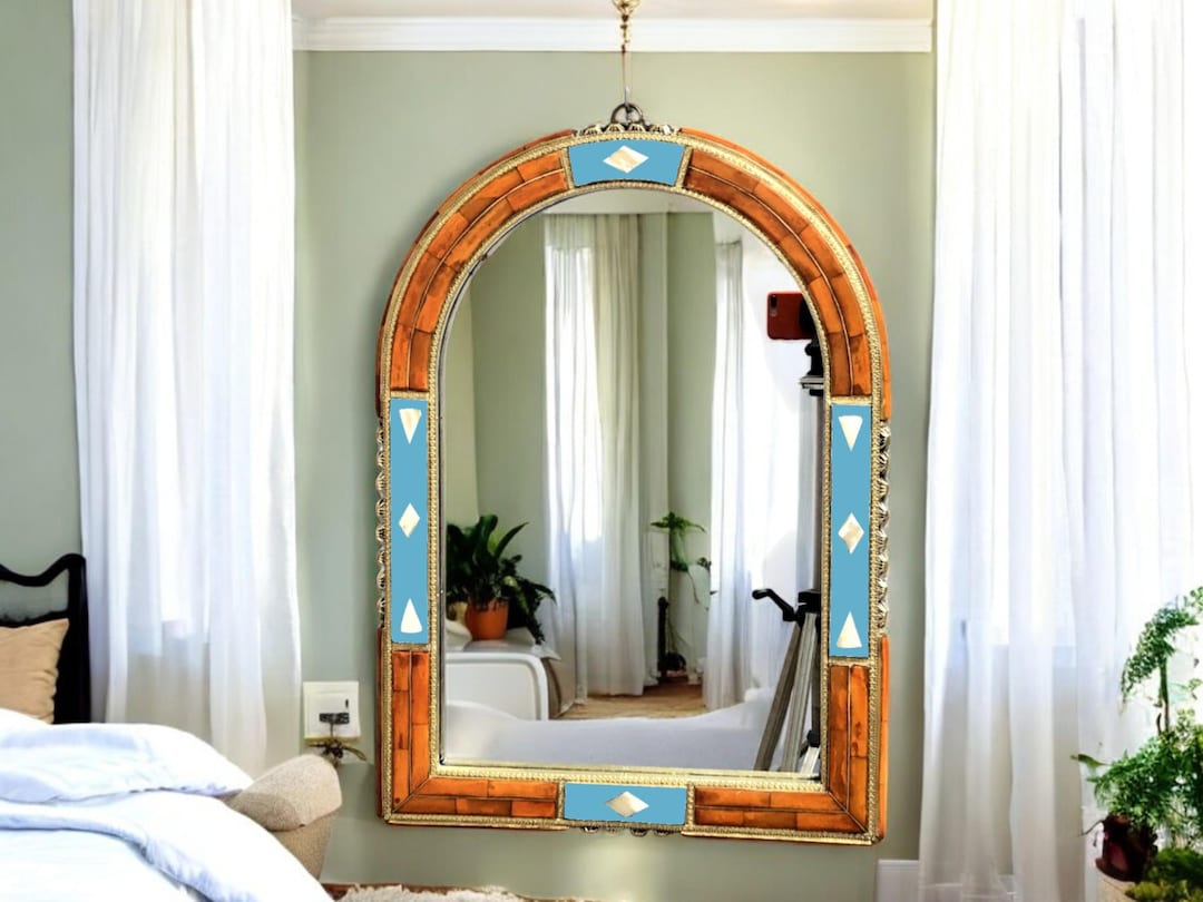 Handmade Bone & Copper Vanity Mirror Set – Rustic Wooden Frame With ...