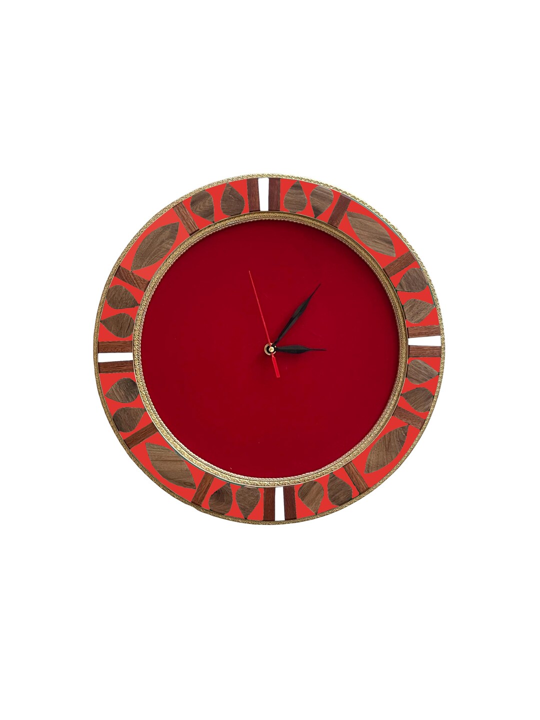 Round Vintage Wall Clock With Red Color and Cooper Walnut Unique Wall ...