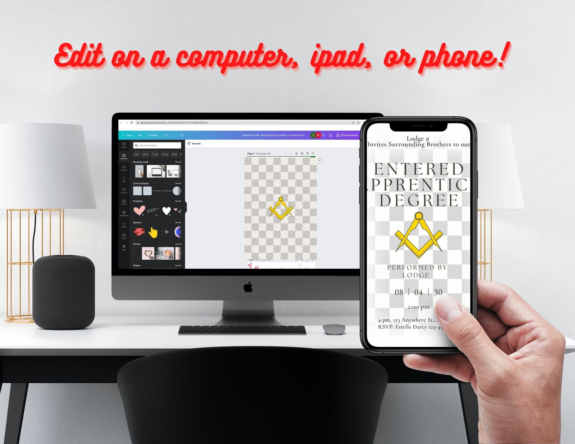 Mason / Masonic Printable or Digital Event Invitation, Entered ...