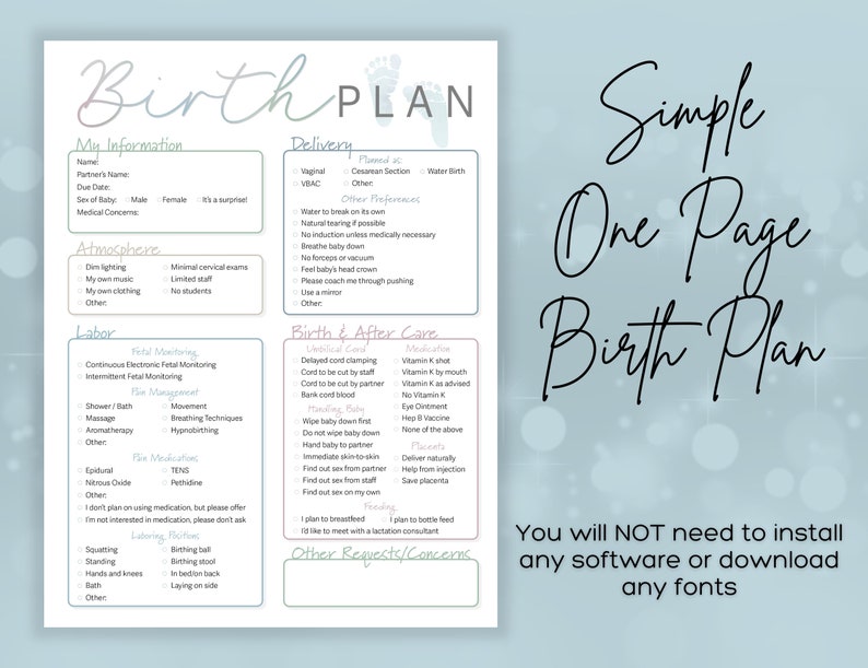 Birth Plan Printable Simple One Page Birth Plan - Etsy