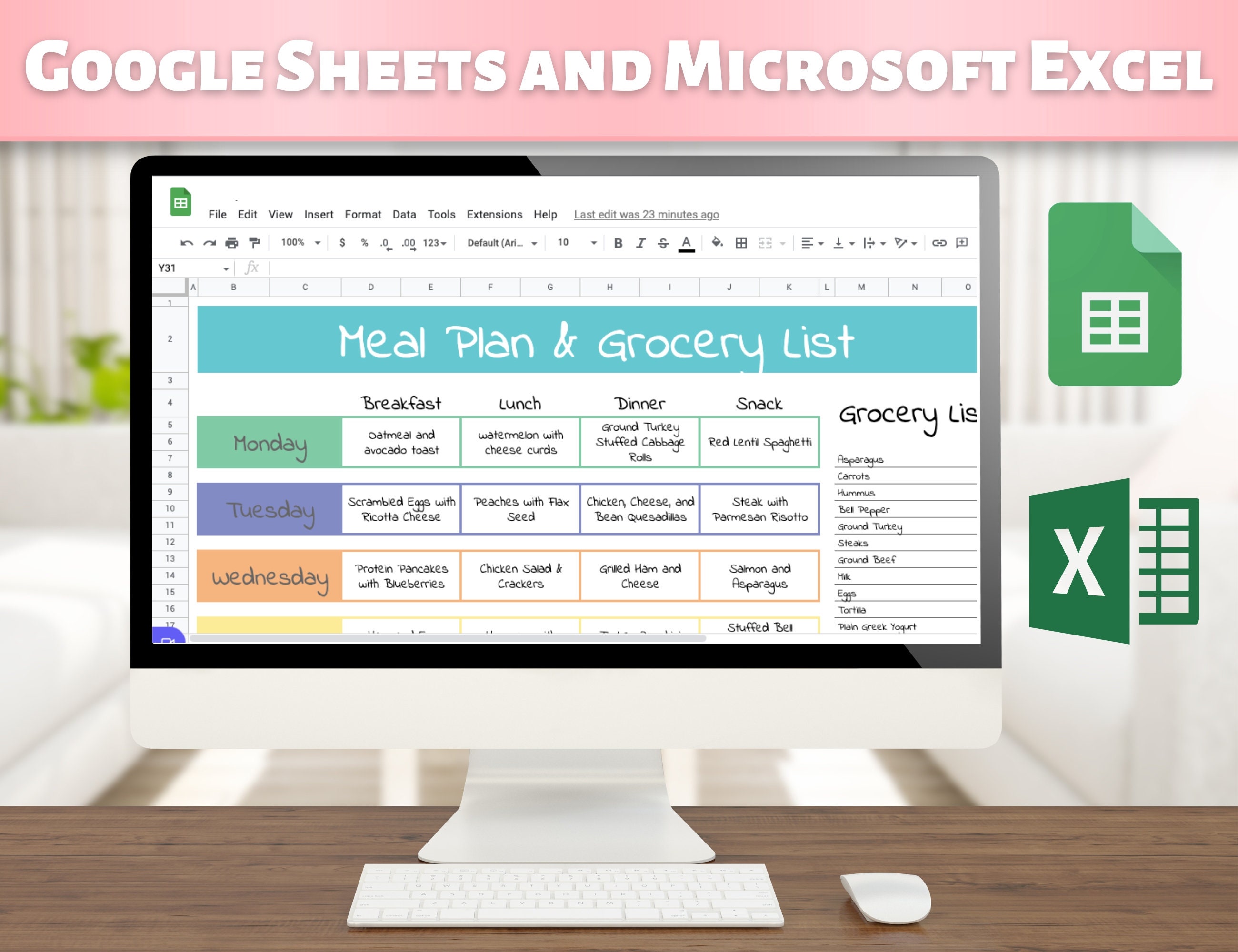 Weekly Meal Planner Template and Grocery List | Google Sheets and ...
