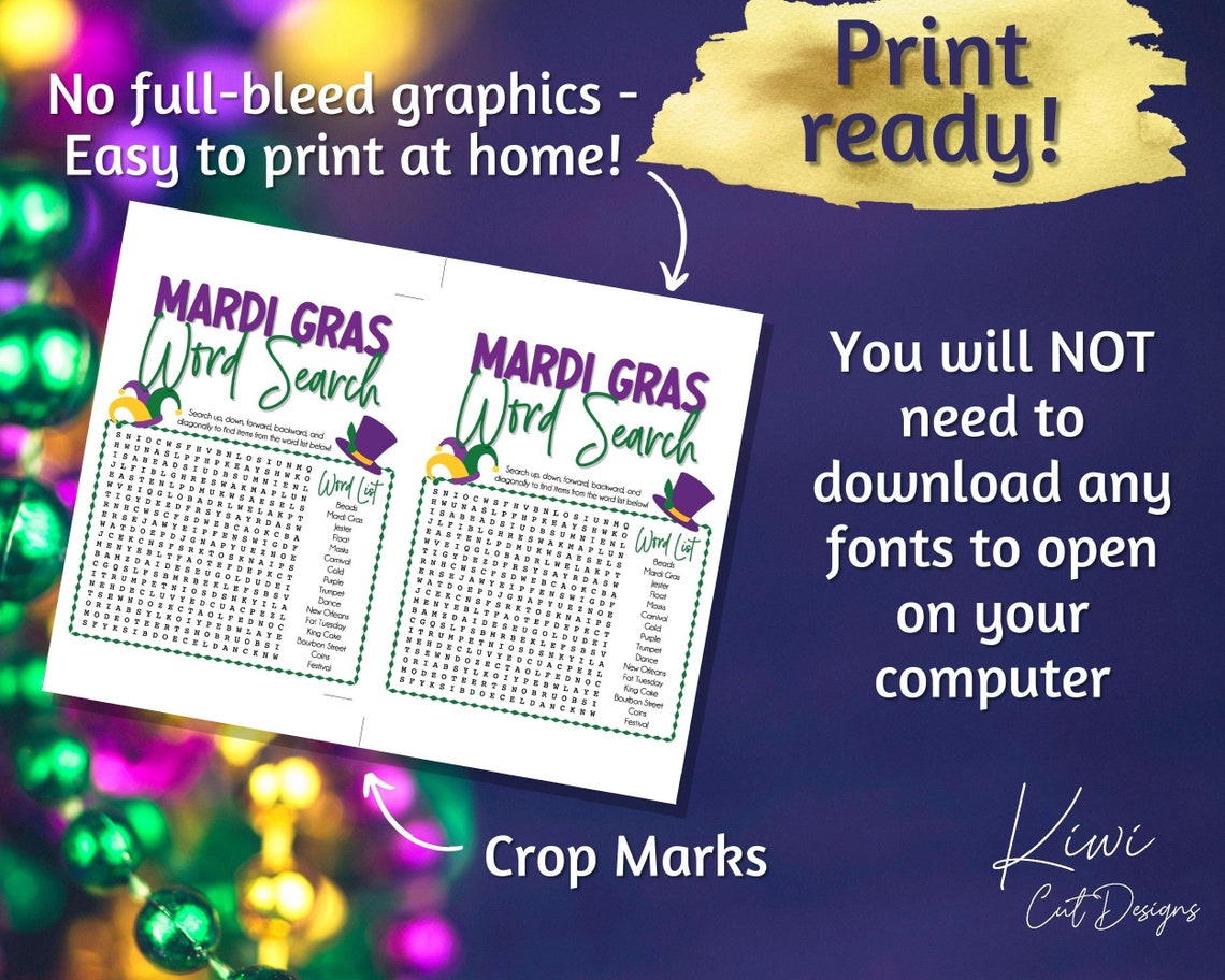 Mardi Gras Word Search Printable Game Word Search Instant | Etsy