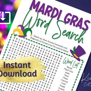 Mardi Gras Word Search | Printable Game | Word Search Instant Download ...