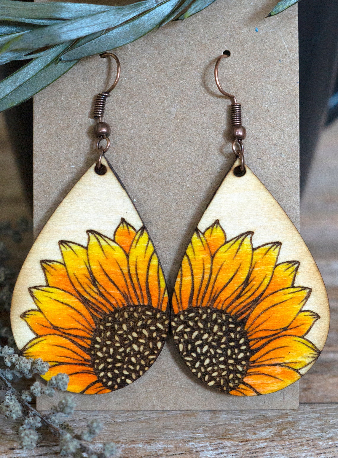 Sunflower Splendor: Laser Engraved and Hand-painted Wooden Earrings - Etsy