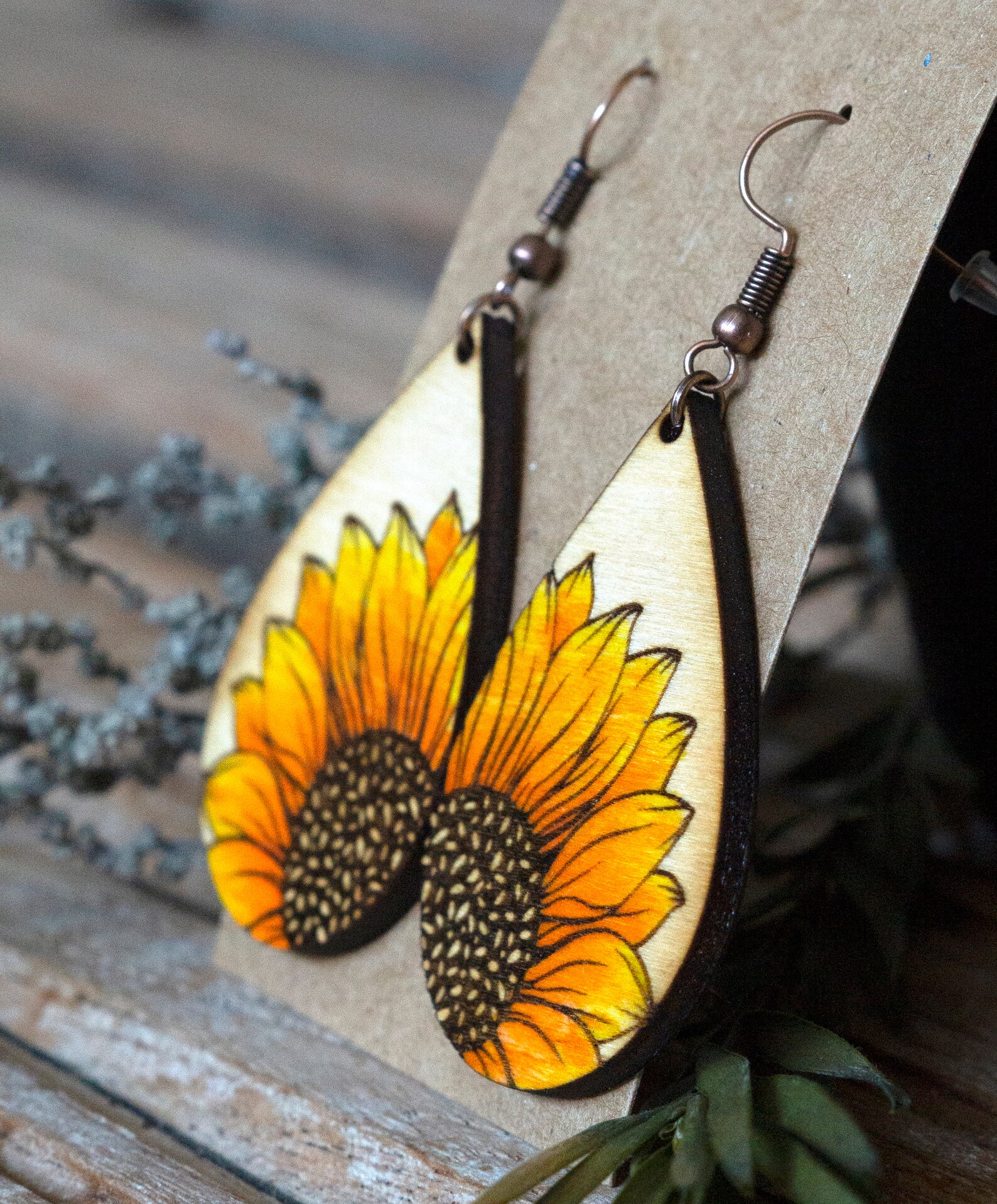 Sunflower Splendor: Laser Engraved and Hand-painted Wooden Earrings - Etsy