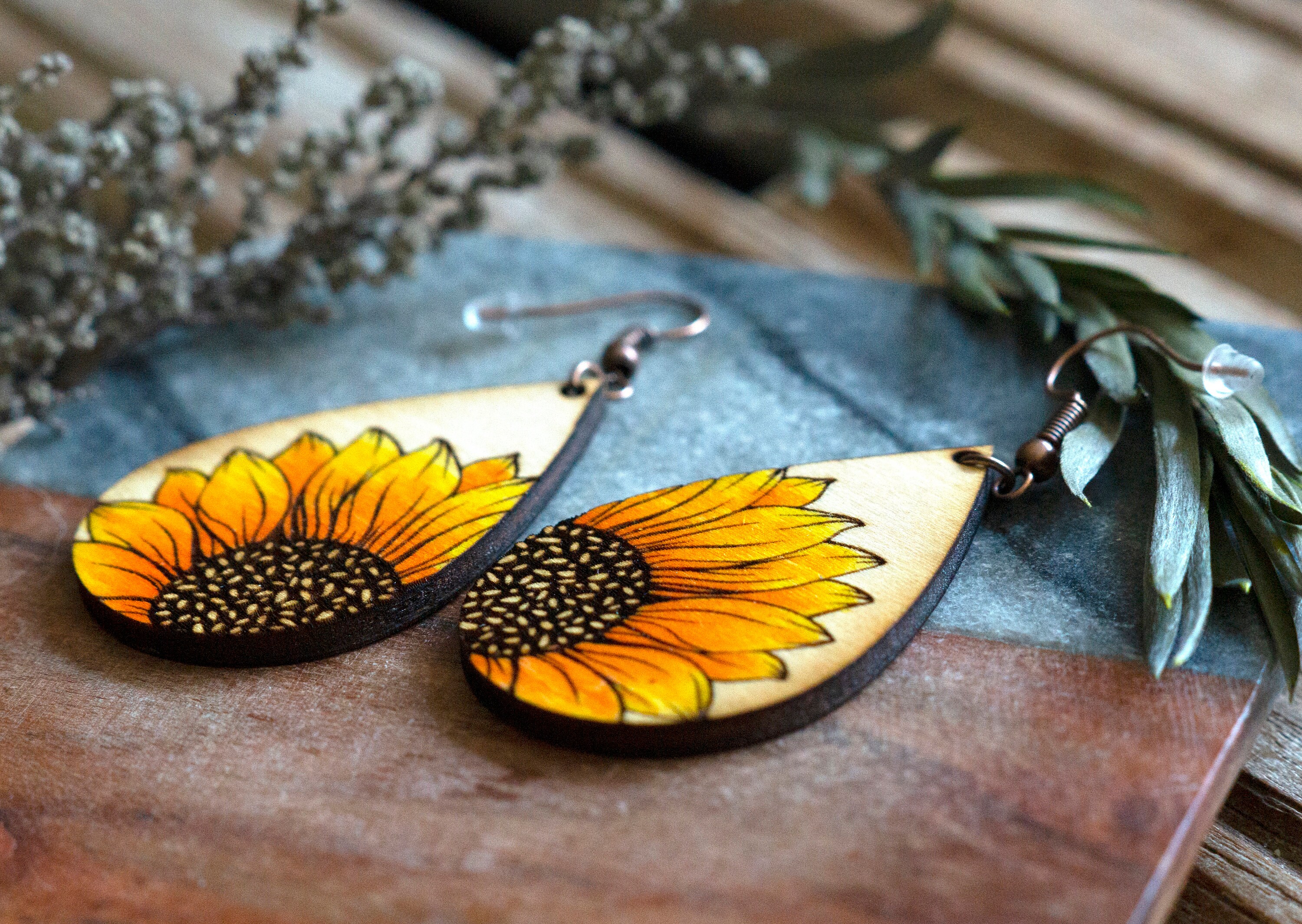 Sunflower Splendor: Laser Engraved and Hand-painted Wooden Earrings - Etsy