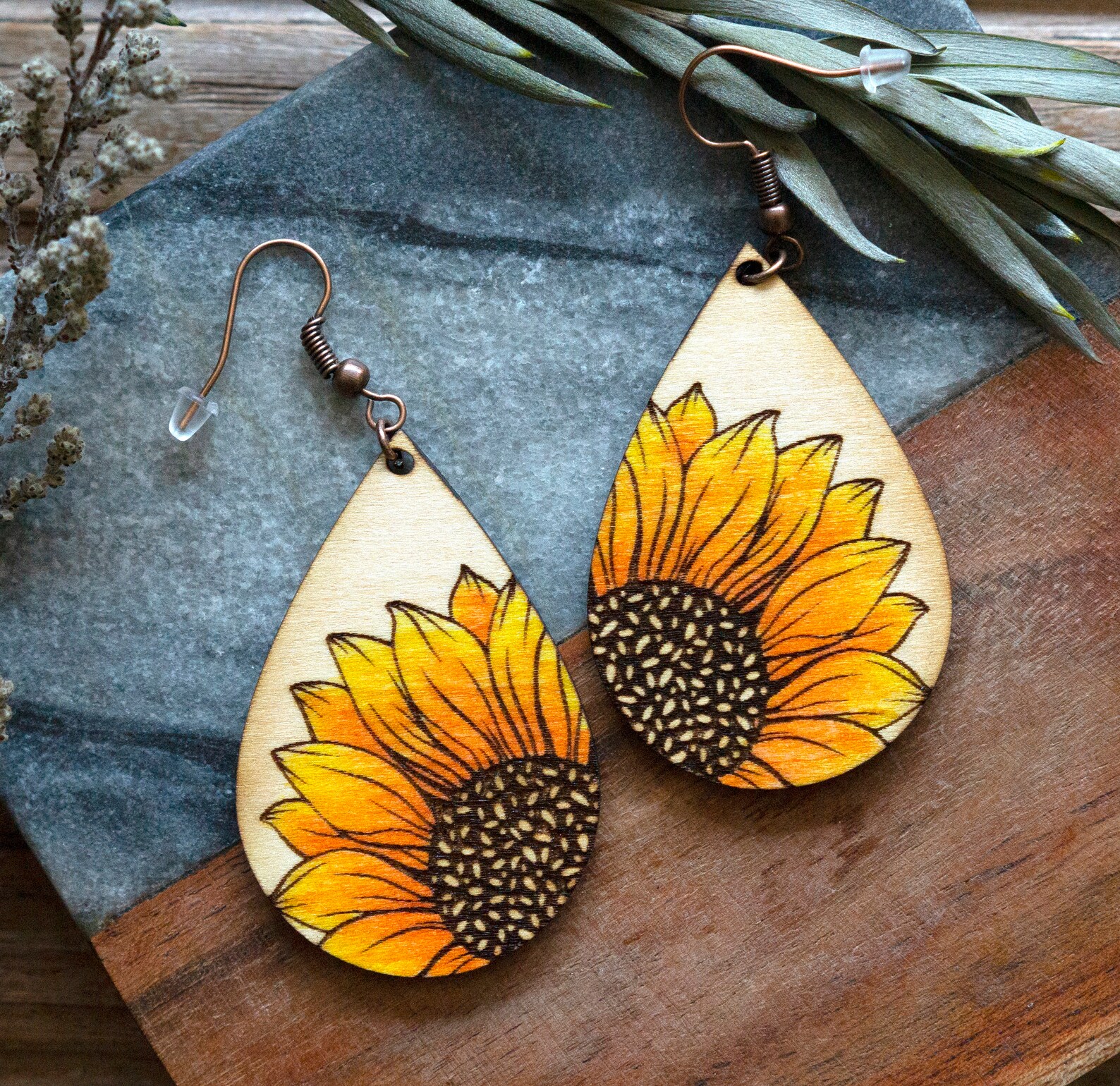 Sunflower Splendor: Laser Engraved and Hand-painted Wooden Earrings - Etsy