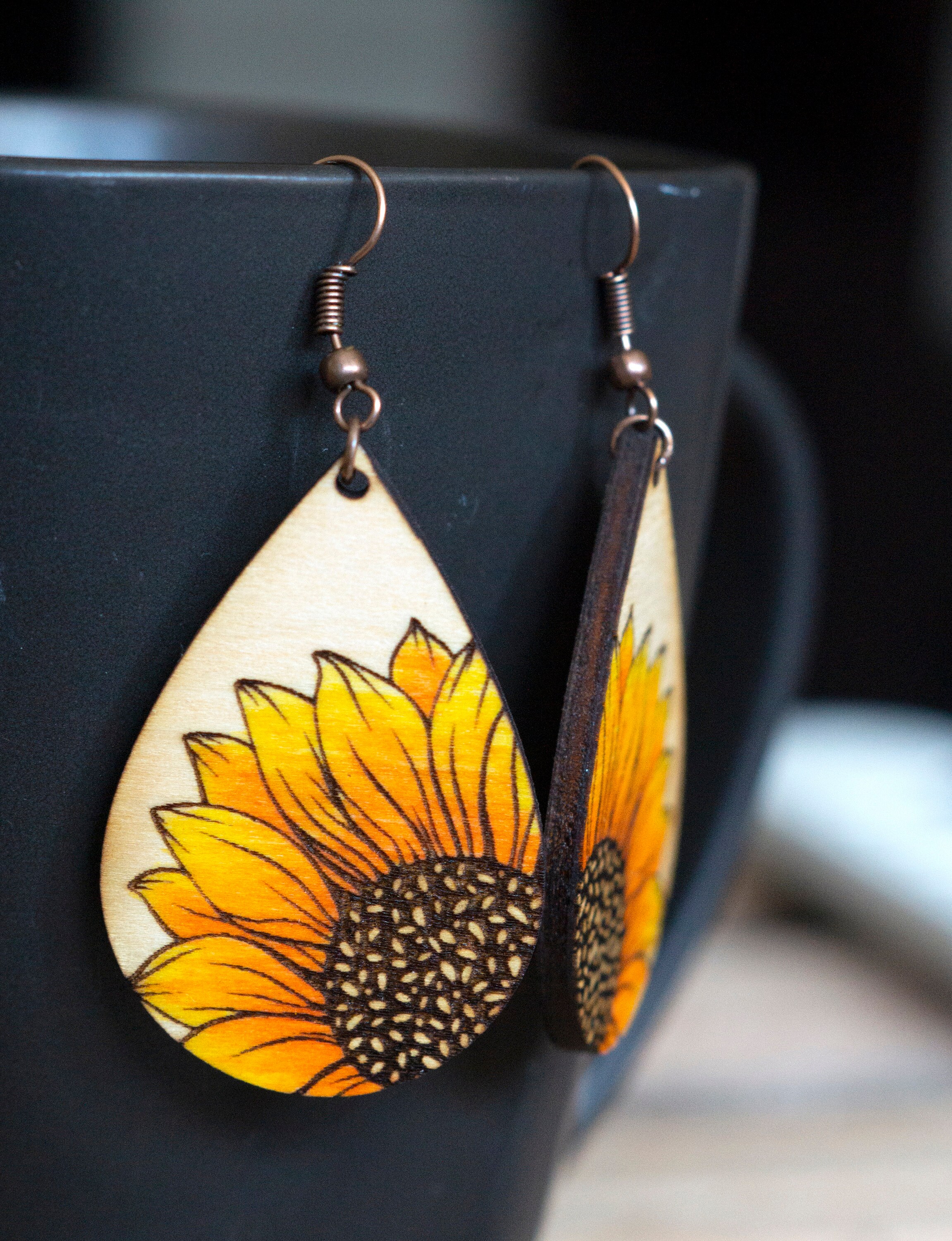 Sunflower Splendor: Laser Engraved and Hand-painted Wooden Earrings - Etsy