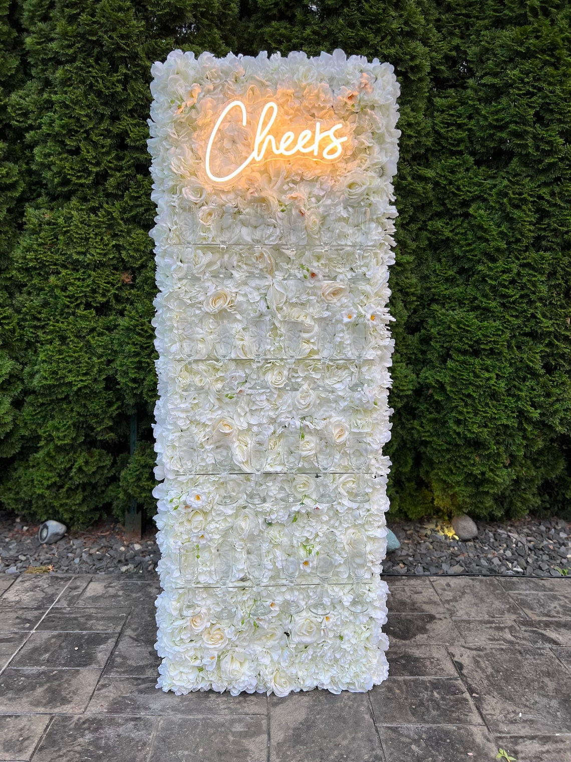Boxwood Champagne Wall White Flower Wall Champagne Wall With Cheers ...