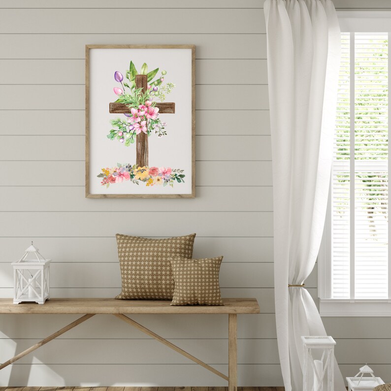 Spring Watercolor Cross Printable Wall Art, Easter, Christian, Catholic ...