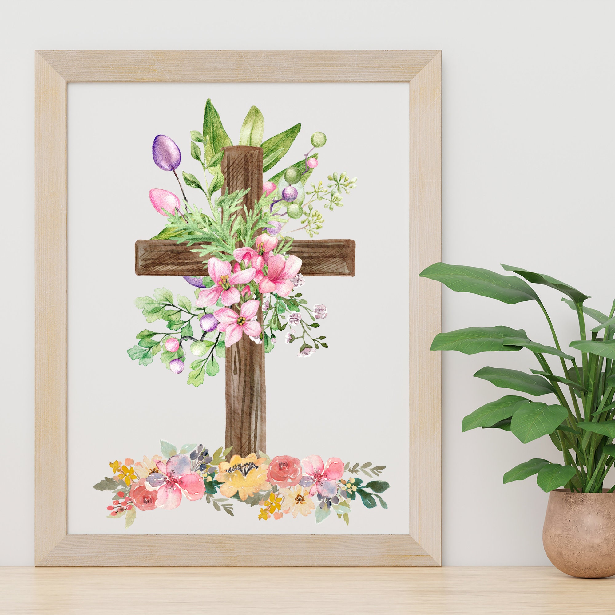 Spring Watercolor Cross Printable Wall Art, Easter, Christian, Catholic ...