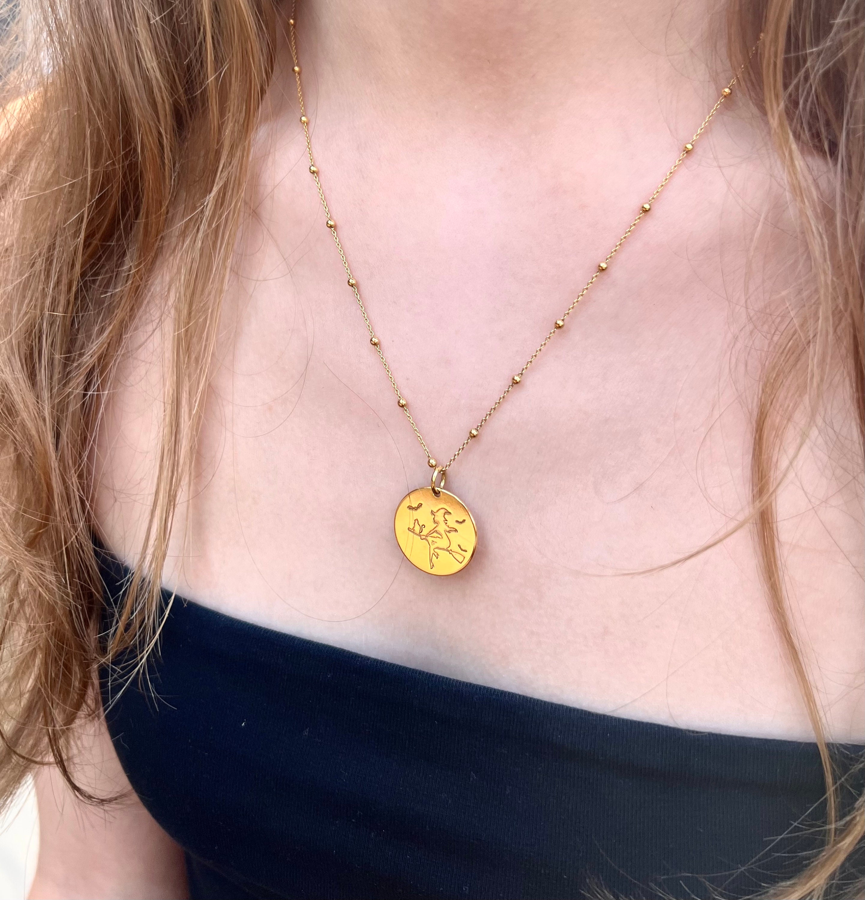 Sterling Silver Flying Witch Necklace, Gold, Witch With Full Moon ...
