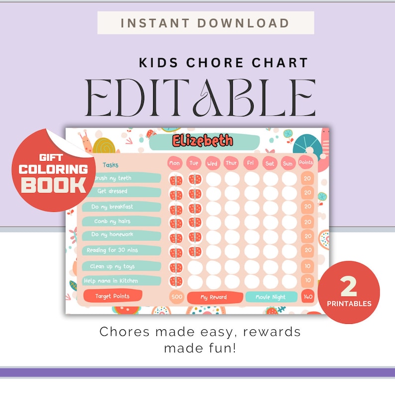 EDITABLE Kids Chore Chart, Printable Chore Chart for Kids ...