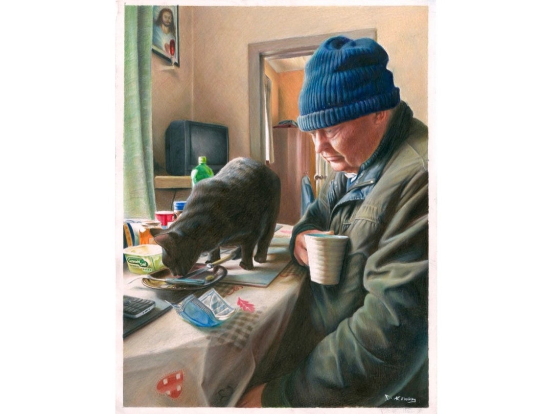 Isolation - Texaco Art Winner, Old Man and His Cat - Etsy
