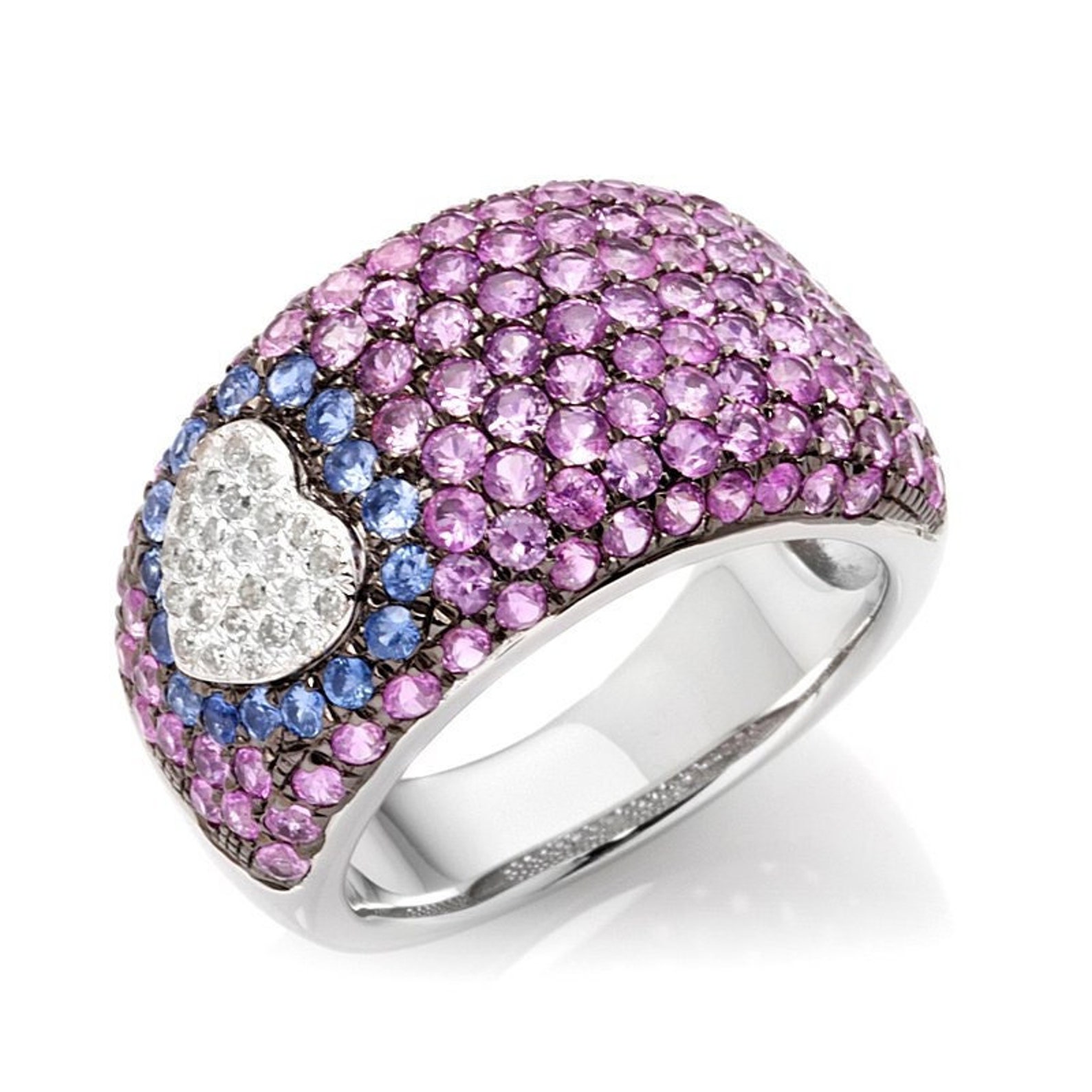 Genuine Pink and Blue Sapphire and Diamond Ring, Pavé Set Heart Design ...