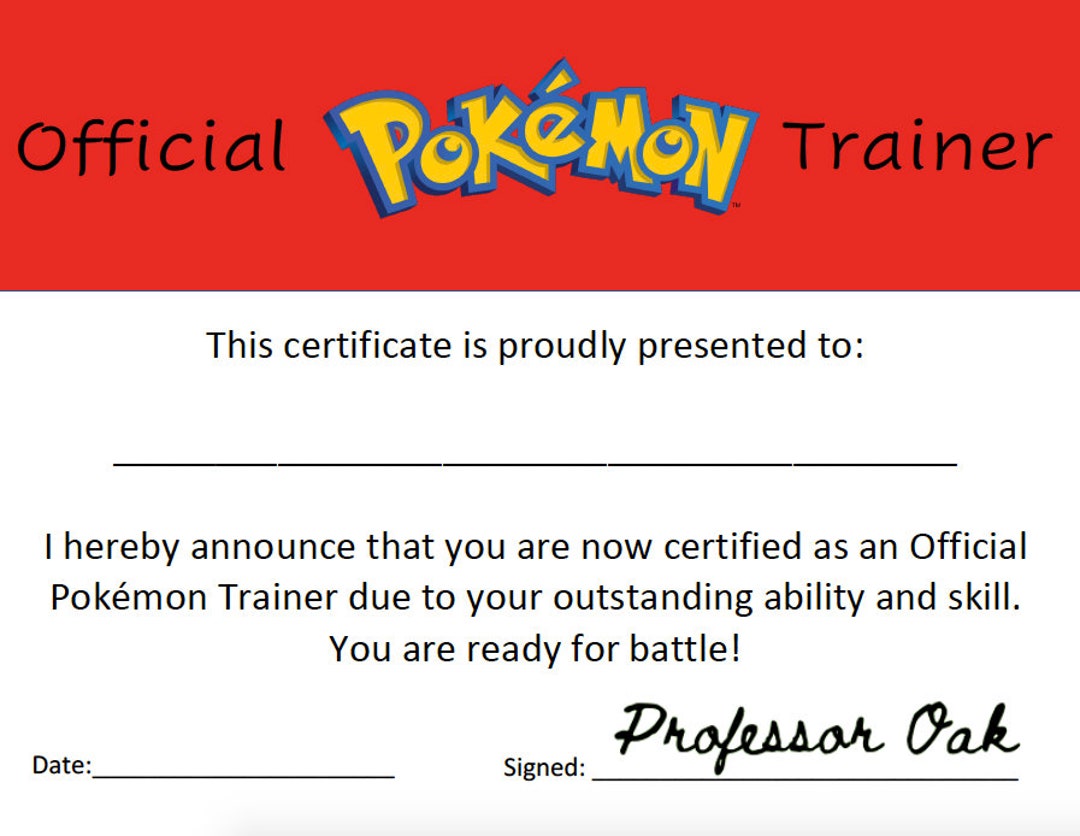 Pokemon Trainer Certificate - Digital Download - Etsy