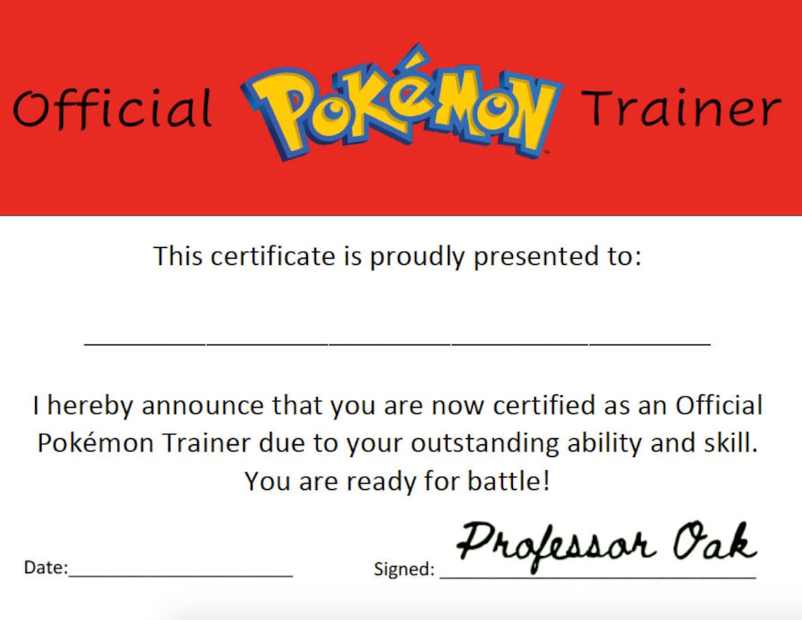 Pokemon Trainer Certificate - Digital Download - Etsy