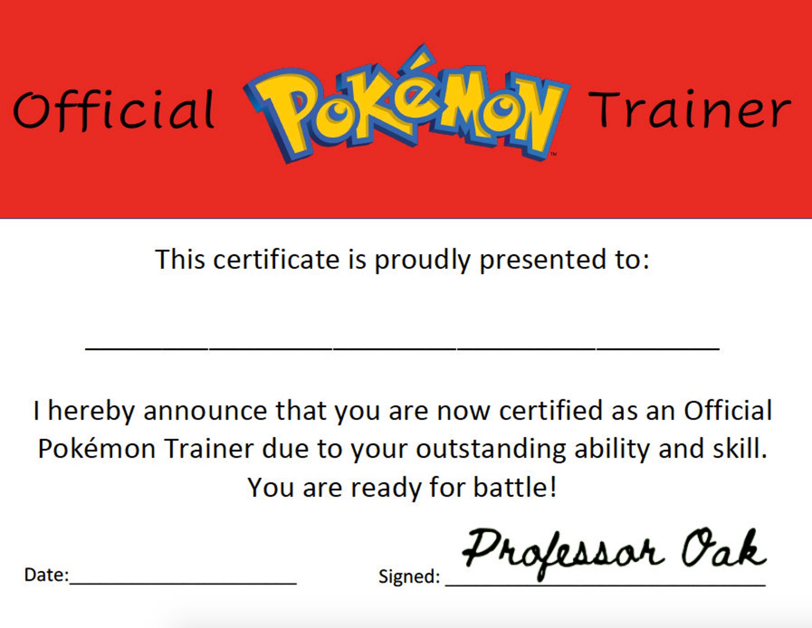 Pokemon Trainer Certificate - Digital Download - Etsy