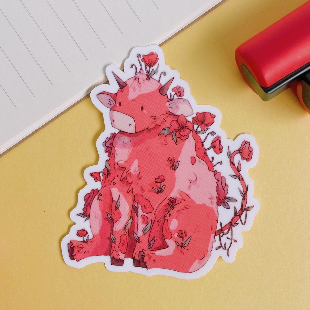 Red Flower Cow Sticker Poppy Cow Sticker Cute Animal Sticker Water ...