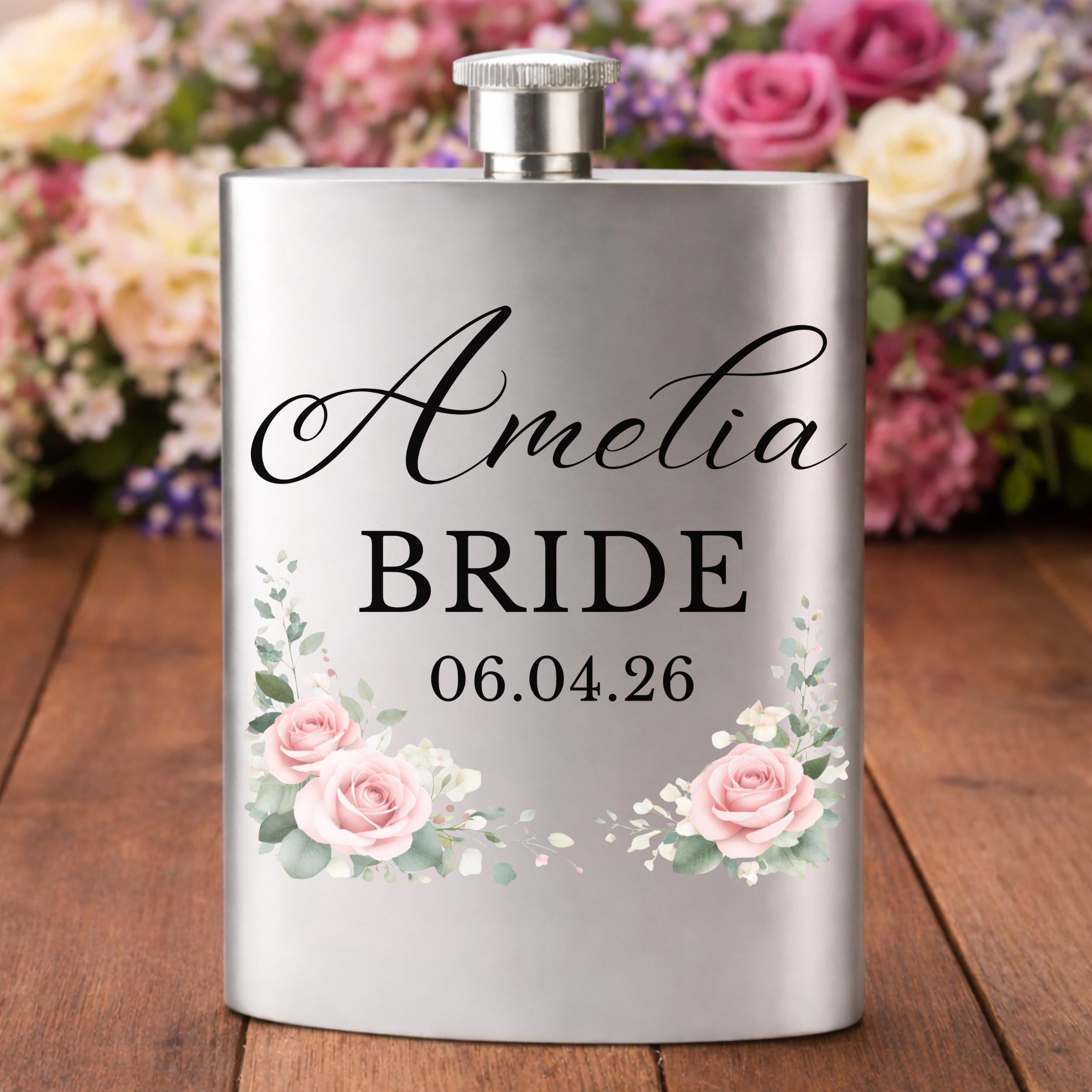 Personalised Bridal Floral Name Wedding Hip Flask - 8oz Stainless Steel ...
