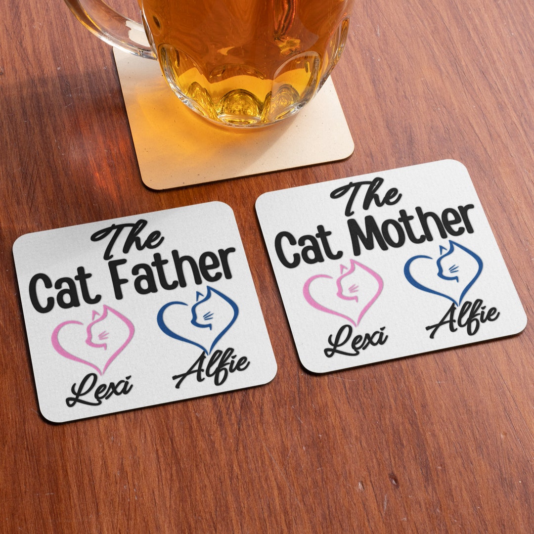 Personalised Cat Father and Cat Mother Coaster Set Joint Gift / Cat Pet ...