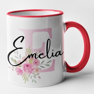 Personalised Name Mug / Pink Initial Flower Mug / Custom Name Coffee ...