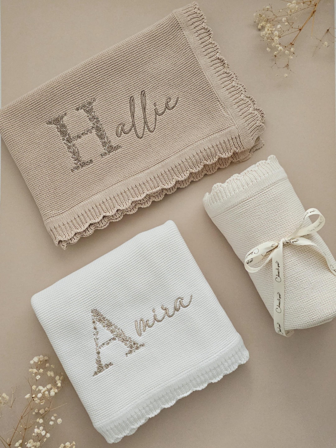 Luxury Embroidered Baby Blanket, Personalised Floral Heirloom, Shower ...