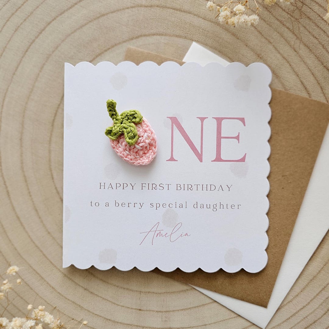 Personalised First Birthday Card, Berry 1st Birthday, Crocheted ...