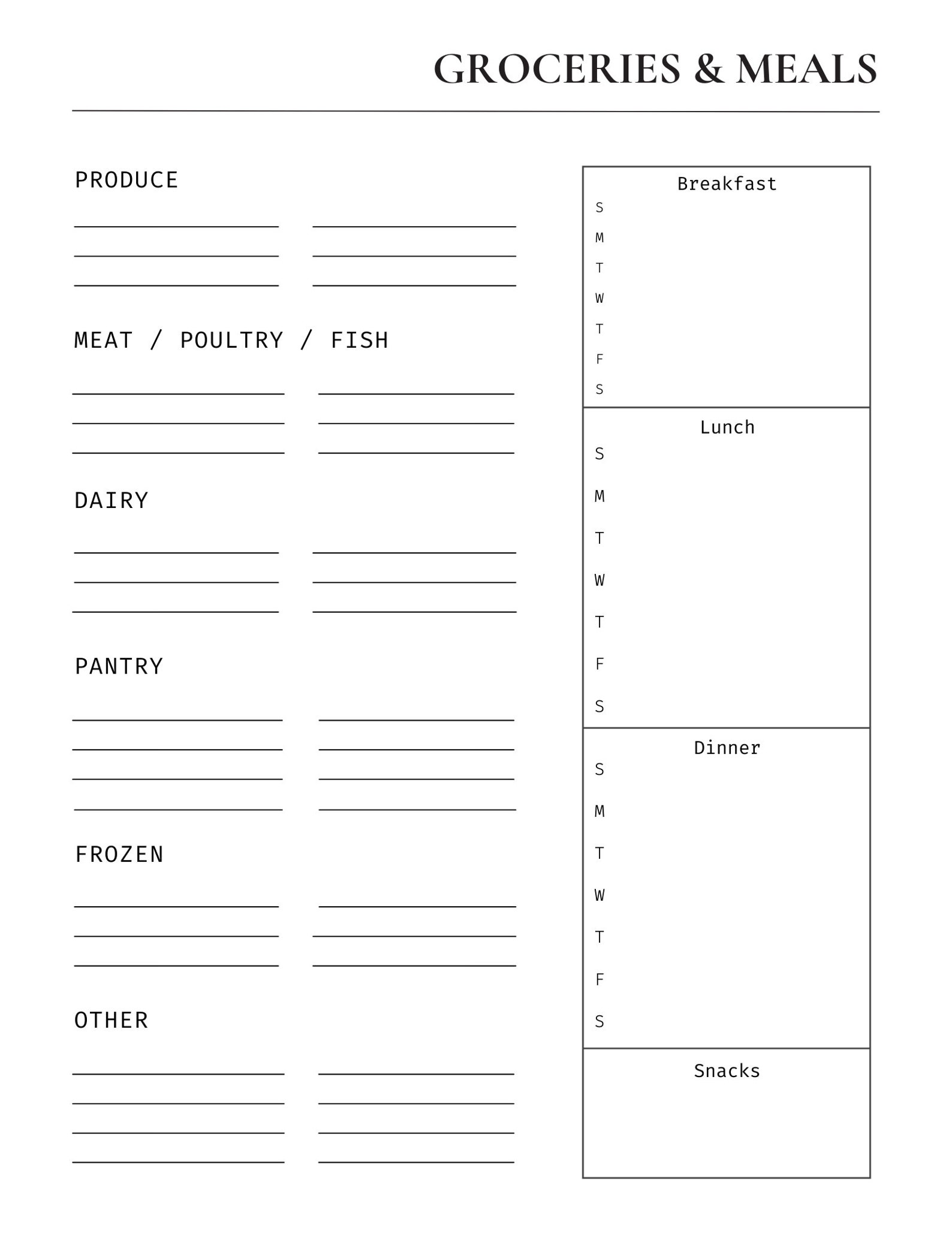 Weekly Grocery & Meal Plan List - Minimalistic - Digital Download - Etsy