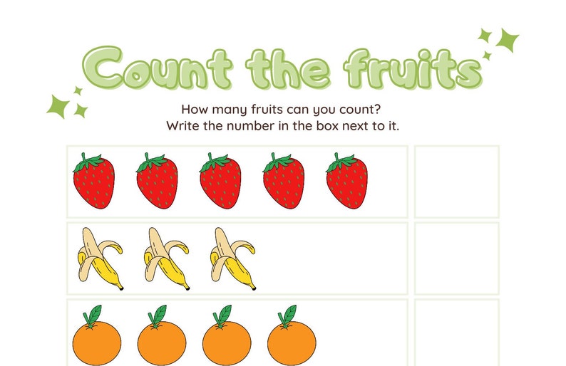 Count the Fruits Math Worksheet - Etsy