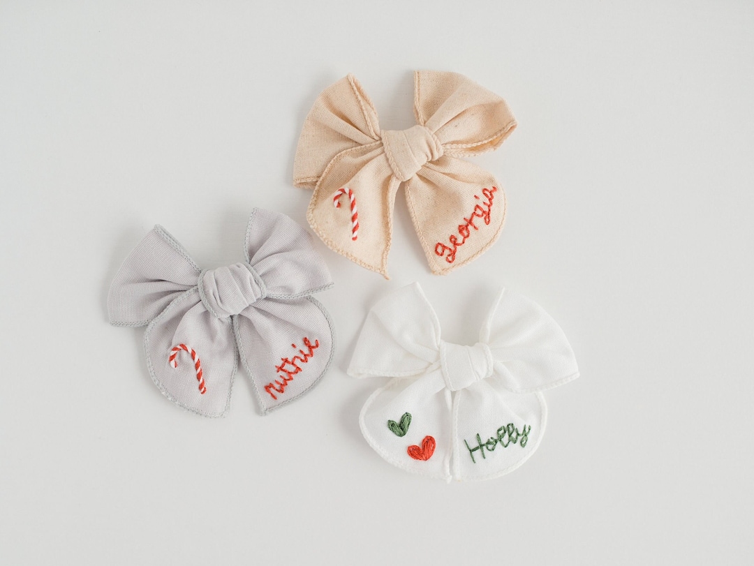 Christmas Hand-embroidered Name Hairbow Candy Cane Bow, Embroidery Bow ...